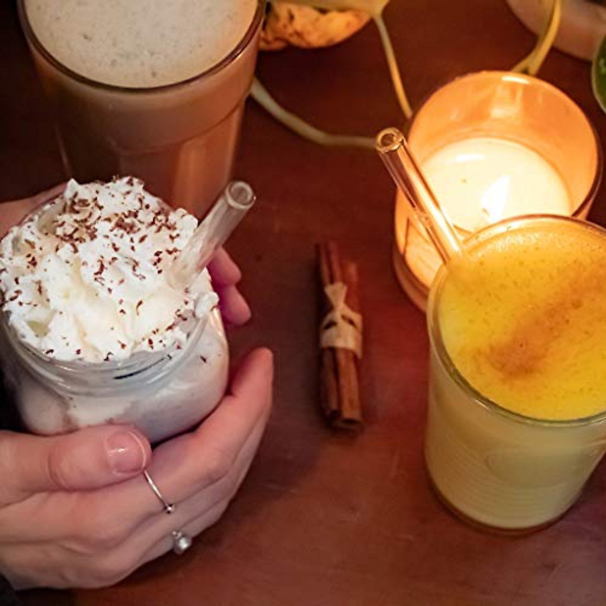 HALM Glass Straws - Autumn Edition - 6 Reusable Drinking Straws With Engraved Autumn Icons 20cm (8 in) - Leafs, Umbrella, Apple, Teacup, Kite, Pumpkin - Made in Germany - Dishwasher Safe