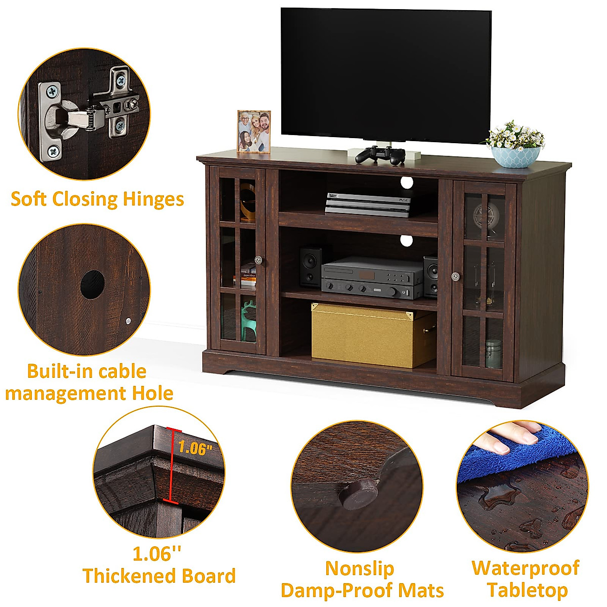 HolliWill 48" Glass Door TV Stand, Farmhouse TV Stand for 55 inch TV, Modern TV Console with Storage Cabinet, Small Entertainment Center and Ideal Media Storage for Living Room,Brown