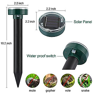 Solar Mole Repellent, Ultrasonic Mole Repellent Solar Powered, Outdoor Waterproof Ultrasonic Snake Repellent for Get Rid of Mole, Gopher, Snakes, Vole and Other Underground Pests (2 Pack)