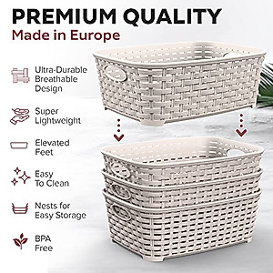 European Made Plastic Storage Bins, Heaviest Duty, Household Organizer Bins for Bathrooms, Bedrooms, Kitchens, Laundry Room, Cabinets, Shelves, 4 Pk, Beige