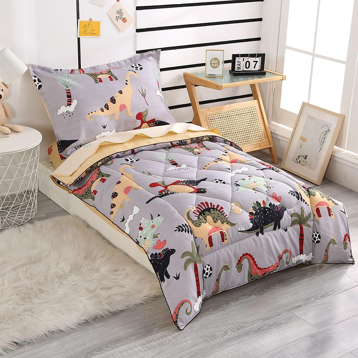 Wowelife Dinosaur Toddler Bedding Sets for Boys Grey Toddler Bed Sheets Sets Kids Toddler Comforter Set Soft Breathable with Quilted Comforter, Flat Sheet, Fitted Sheet and Pillowcase