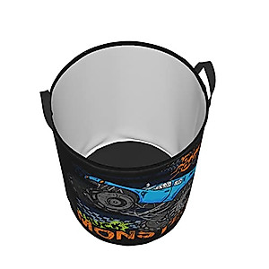 Gbuzozie Monster Truck Print Round Laundry Hamper Storage Basket Toys Clothes Organizer Bin For Home Bathroom Bedroom Dorm Nursery, 38l