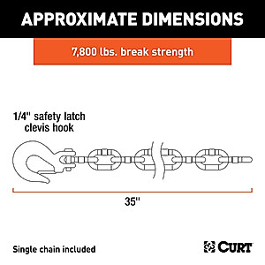 CURT 80302 35-Inch Trailer Safety Chain with 1/4-In Clevis Snap Hook, 7,800 lbs Break Strength