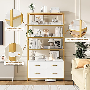 HITHOS 5 Tier Bookshelf with Drawers, 71" Tall Bookcase with Shelves, 35.4" Wide Free Standing Book Storage Shelf, Modern Wood Display Cabinet for Living Room, Study, Home Office, White Gold