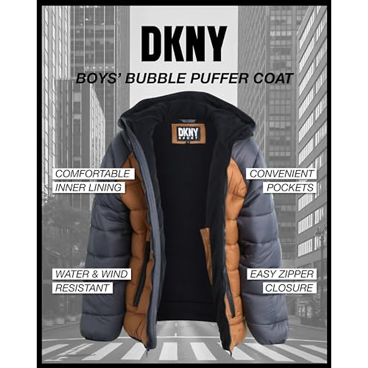DKNY Boys' Winter Jacket - Midweight Polar Fleece Lined Quilted Insulated Parka Puffer Down Coat with Beanie Hat (Sizes:8-20), Size 10-12, Timber Tan/Charcoal