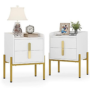 Tribesigns 2-Drawer Nightstands Set of 2, Modern White Gold Nightstand for Bedroom, Wooden Bed Side Table with Storage, Large Night Stand with Gold Metal Frame, Sofa Side Table for Living Room