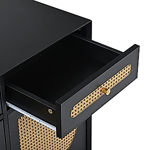 Modern TV Stand with 4 Rattan Doors and 4 Drawers, Entertainment Center for TVs Up to 65", Media Console Table Storage Sideboard Cabinet with Adjustable Shelves for Living Room Bedroom (Black-4R)