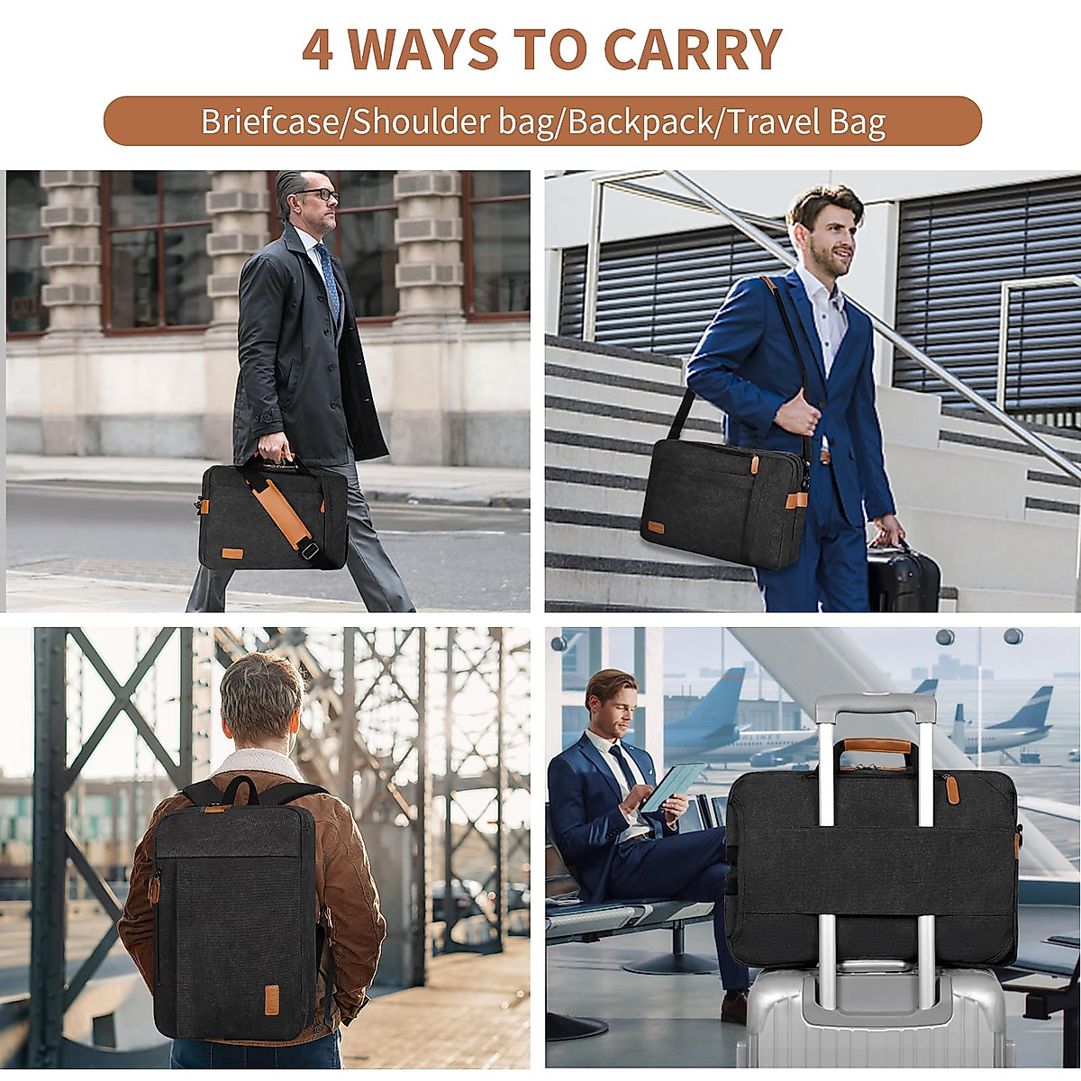 ESTARER 3 In 1 Laptop Bag for Men, 17-17.3 Inch Computer Bag Laptop Backpack for Work/Travel/Business, Convertible Briefcase Water Resistant Canvas Messenger Bag (Dark Grey)