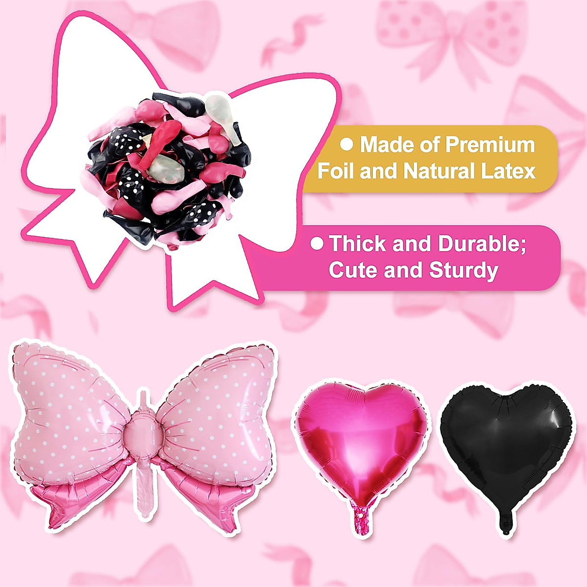 Ouddy Party Pink Mouse Balloon Garland Arch Kit for Cartoon Mouse Theme Birthday Party Decorations Girl Kids, Pink Black Rose Red Bow Foil Balloons Banners for Mouse Baby Shower Party Supplies