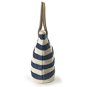 Striped Synthetic Straw Womens Tote Light Weight Vaction Shoulder Handbag (Navy)