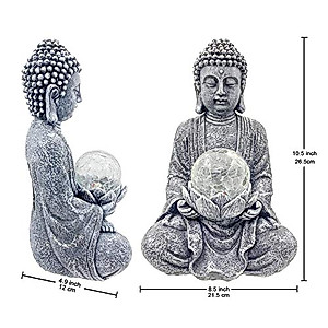 Nacome Meditating Buddha Statue with Solar Light,Zen Solar Garden Buddha with Cracked Glass Ball Sculpture-Indoor/Outdoor Decor for Balcony,Garden,Patio,Porch Yard Art Ornament,Gift