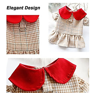 Loyalfurry Winter Dog Shirt Dress with Cute Red Doll Collar, Elegant Warm Dog Sweater Dresses with D Ring, Plaid Puppy Pet Clothes for Small Breeds (Medium, Light Brown)