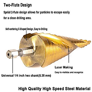 3Pcs HSS Step Drill Bit Set, 1/4" Hex Shank Spiral Groove High Speed Steel Titanium Coated Cone Hole Cutter Bit for Drilling Plate Aluminum Metal Wood Hole (4-12mm/4-20mm/4-32mm)