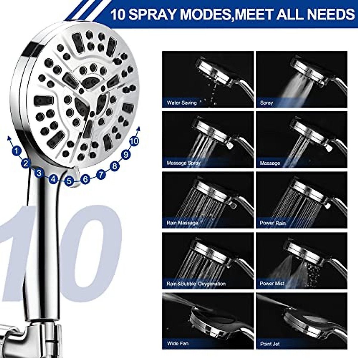 ZDP High Pressure Handheld Shower Head，10 Mode High Flow Hand Held Showerhead Set，5.04IN Showerhead 59IN Stainless Steel Hose Adjustable Brass Ball Bracket Built-in Power Wash To Clean Tub Tiles Pets