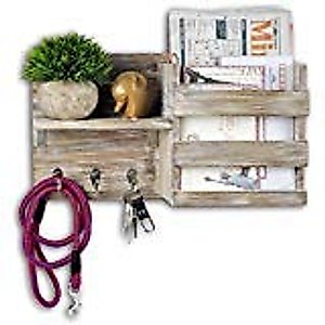 Spiretro Key Hooks Holder, Wall Mount Entryway Mail Sorter Envelope Organizer, Leash Purse Hanging Rack, Letter Storage, Home Decorative Floating Shelf, 16.5” W x 9.75" H x 4.5” D, Rustic Wood Grey
