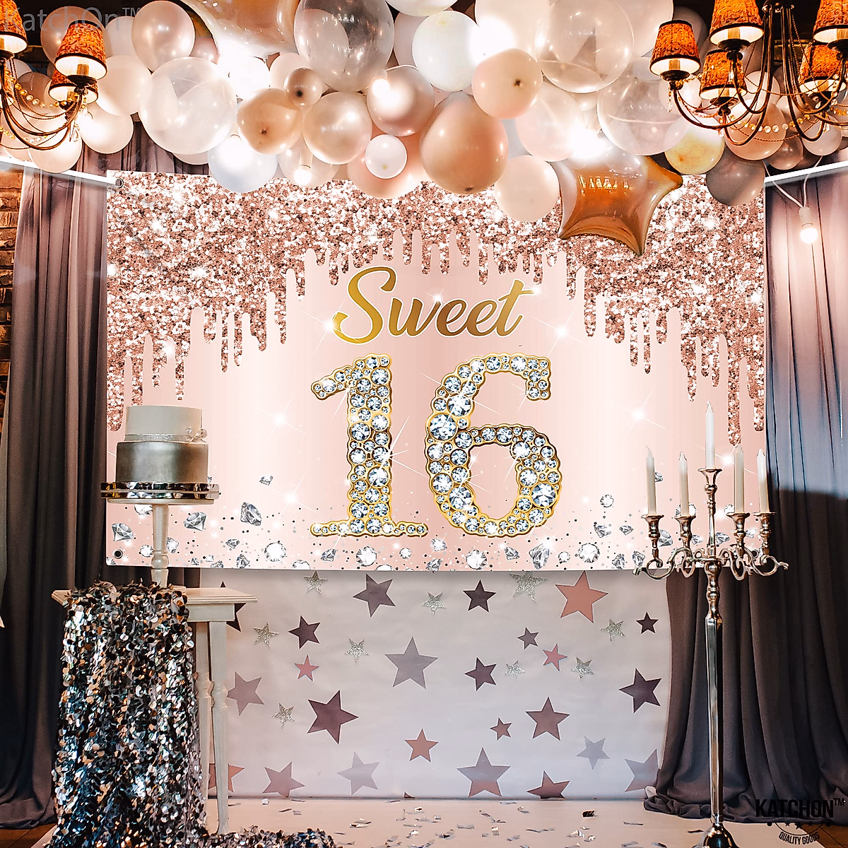 KatchOn, Sweet 16 Banner Rose Gold - Large, 72x44 Inch | Sweet 16 Party Decorations | Sweet 16 Backdrop, Sweet 16 Decorations for Girls | Sweet 16 Birthday Banner for Sweet Sixteen Party Decorations