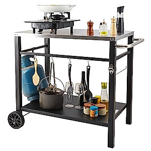 VEVOR Outdoor Grill Dining Cart with Double-Shelf, BBQ Movable Food Prep Table, Multifunctional Stainless Steel Table Top, Portable Modular Carts for Pizza Oven, Worktable with 2 Wheels, Carry Handle