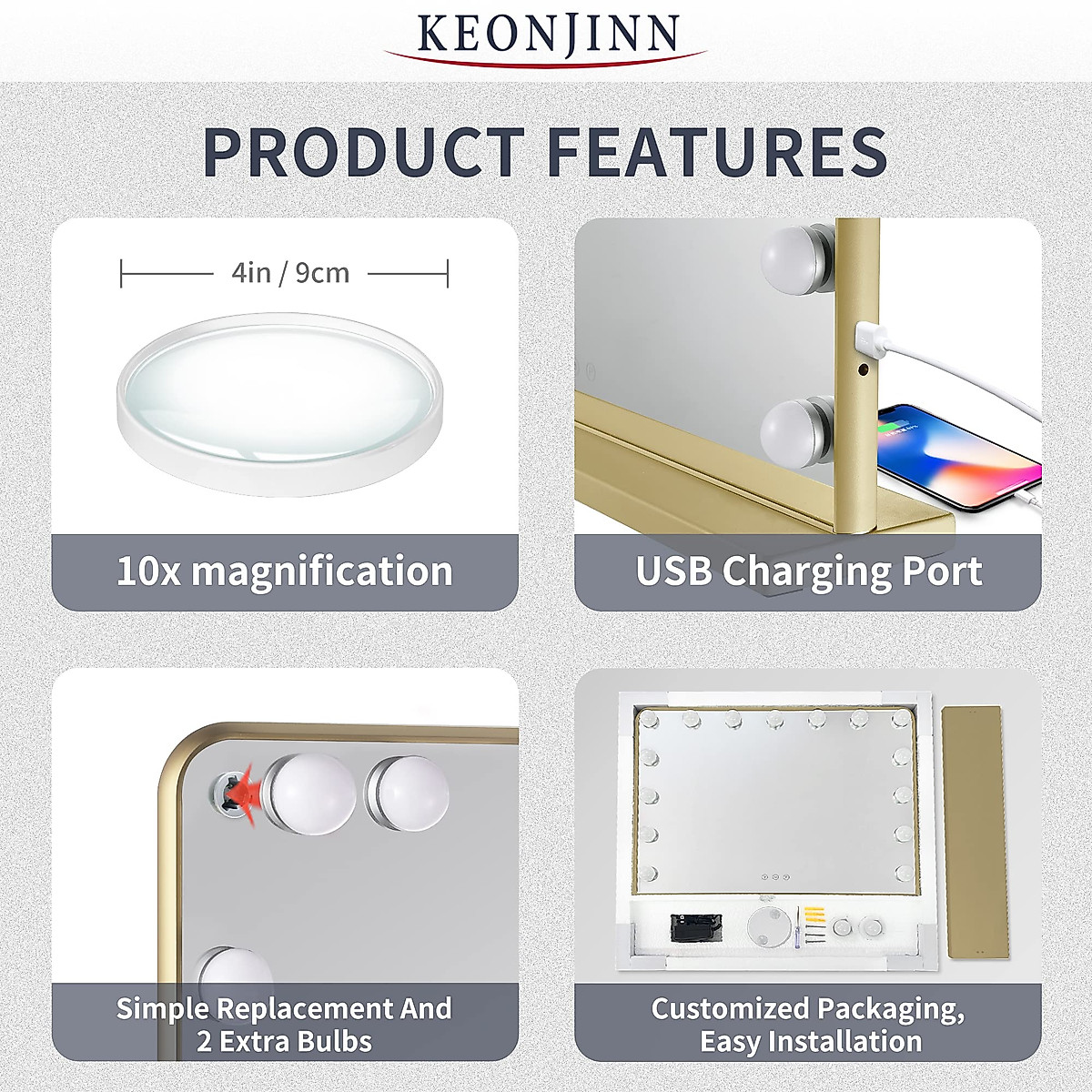 Keonjinn Gold Vanity Mirror with Lights, 15 Replaceable Bulbs Hollywood Makeup Mirror with 2 Replacement Bulbs, 3 Color Lights, Aluminum Metal Frame, USB Charging Port, 23" x 18" Large Lighted Mirror