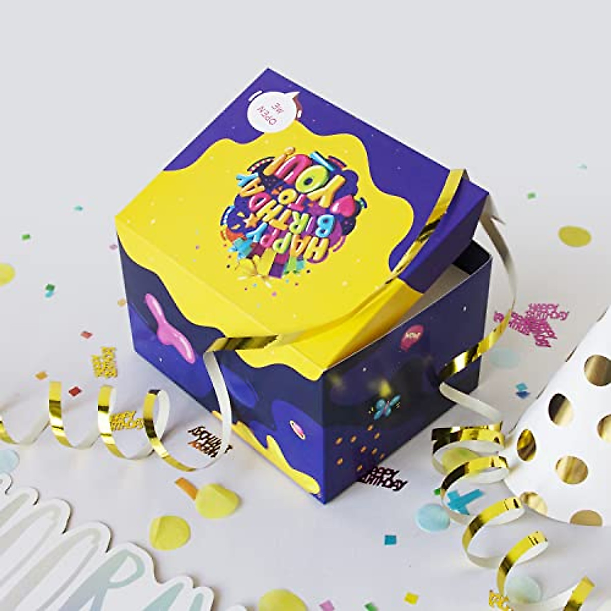 FETTIPOP Gift Box DIY (Premium Purple), Gift Box Exploding Confetti - Happy Birthday, Surprise Prank Box Pop Up 7.2x5.5x4.3 in.