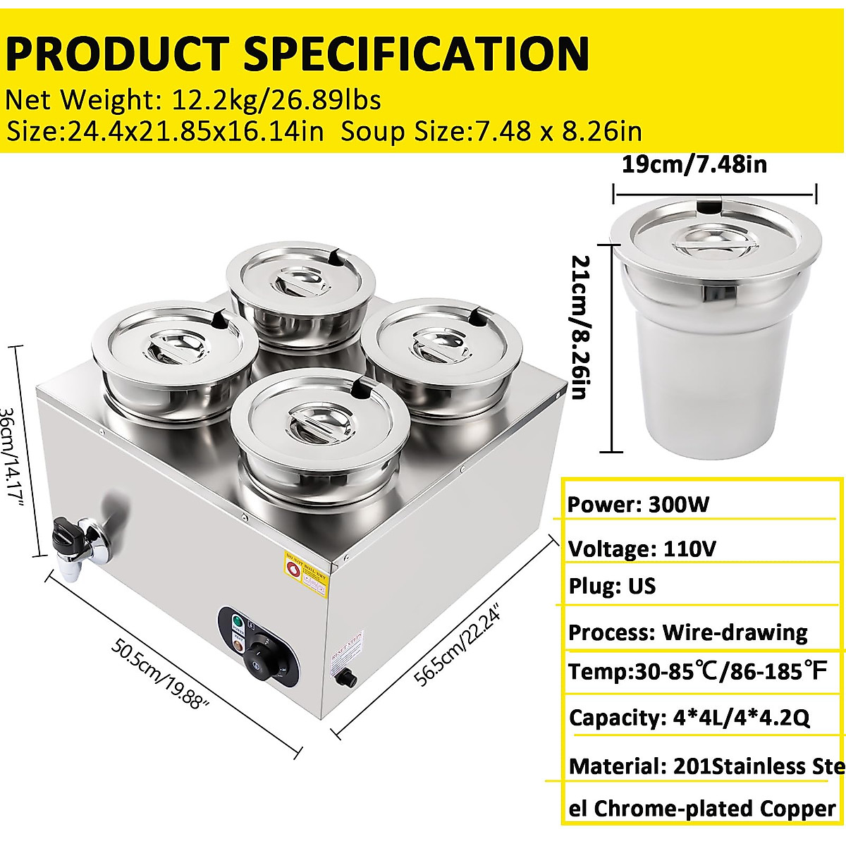 LOYALHEARTDY Commercial Soup Warmer 4 Pan with Tap, 16L/16.8Qt Commercial Food Warmer with Soup Ladle 110V 300W Countertop Soup Pot Adjustable Temp 86-185℉ for Parties, Catering and Restaurants