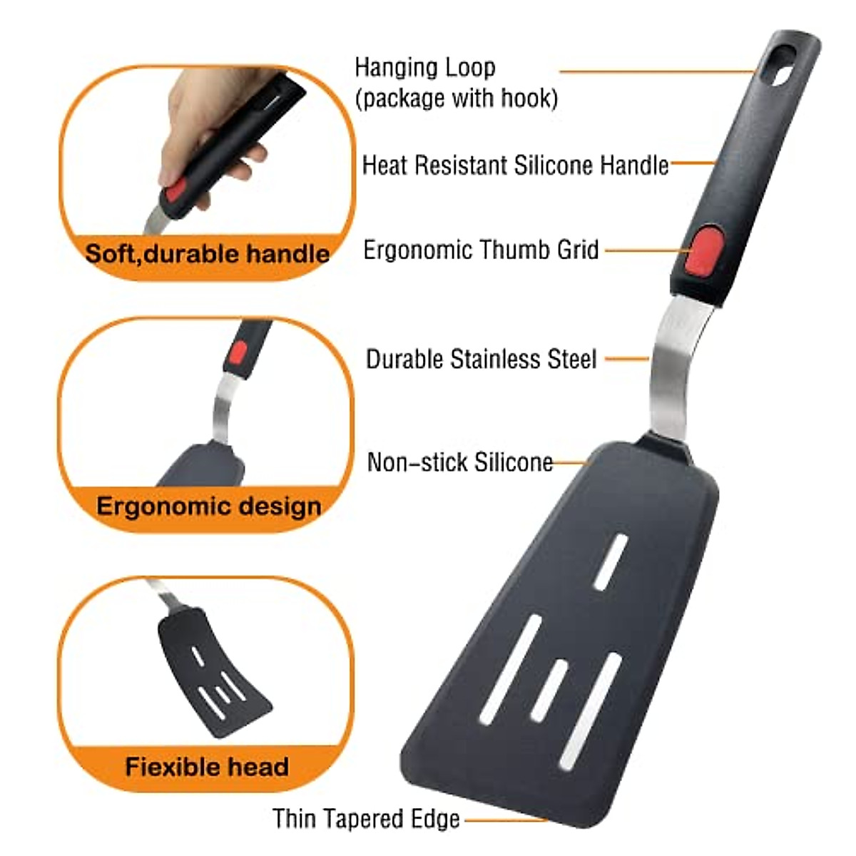 Silicone Spatula Turner, 4-Pack Spatulas 600°F Heat Resistant Set for Nonstick Cookware, Kitchen Cooking Utensils BPA Free Rubber Egg, Crepe, Pancake,Burger,Fish