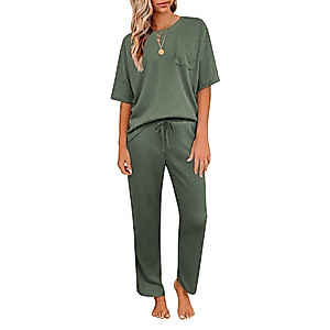 JiniGolla Womens Pajama Sets Waffle Short Sleeve Pj Set Sleepwear Two Piece Loungewear Lounge Sets Green M