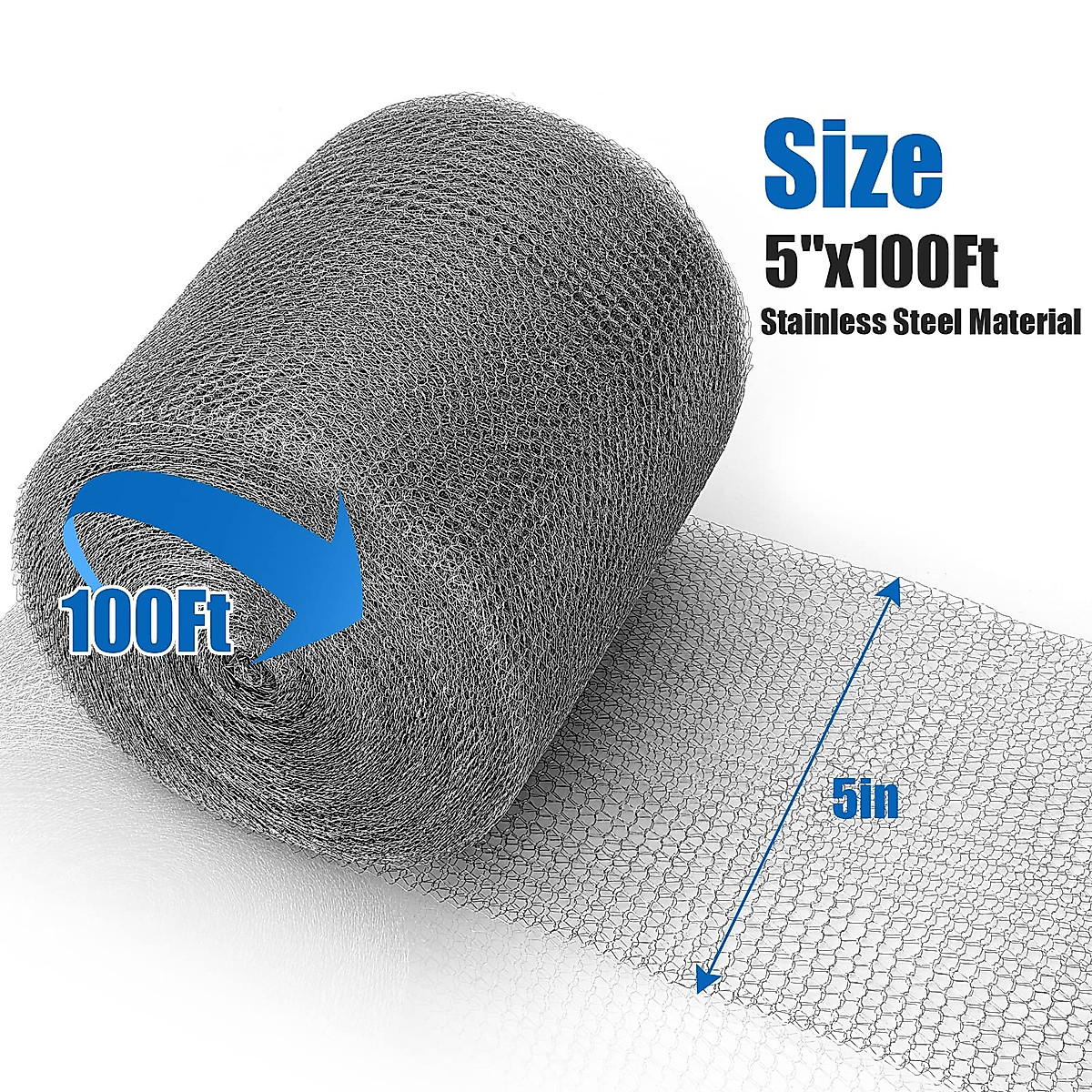 Valchoose Upgraded Not Rusty 5”X 100 Ft Stainless Steel Mesh Roll, Flexible Stainless Steel Wool Holding up Well Tight Spots, Wire Mesh Hole Fill Fabric, Stainless Steel Mesh Gap Blocker Easy to Work