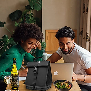 SUNNY BIRD Small Insulated Rolltop Lunch Box Women, Expandable Bento Cooler Bag Reusable for Adult Men (Black, Medium)