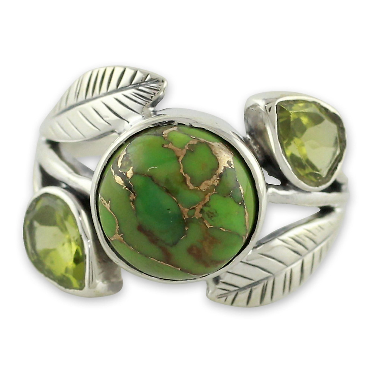 NOVICA Artisan Handmade Peridot Cocktail Ring with Composite Turquoise Sterling Silver Reconstituted Green India Greenery Leaf Tree Bollywood Birthstone [ring Front 0.7 in L x 0.6 in W x 0.3 in H Ban]