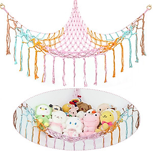Boho Stuffed Animals Net or Hammock Large,55 inch Toy Hammock Macrame Stuff Animal Storage Corner Hanging Net Holder,Mesh Hammock Plush Toy Organizer with Hooks for Bedroom,Nursery (colorful)