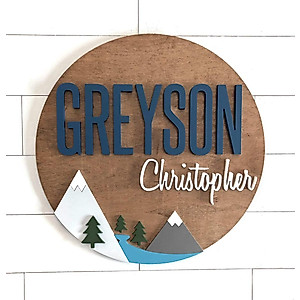 Custom Name Mountain Sign Baby Name Sign Woodland Theme Wood Sign Nursery Wall Art Shower Gift Wooden Board Adventure Wooden Printed Wood Plaque Sign 16 Inch