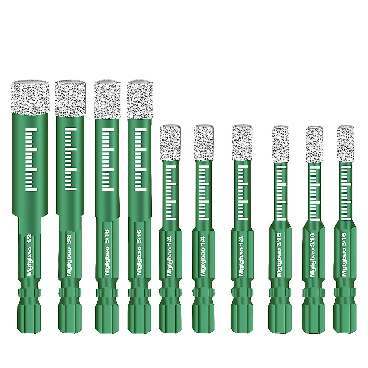 Mgtgbao 10PCS Green Dry Diamond Drill Bits Set, Core Drill bit for Granite Marble Tile Ceramic Stone Glass Diamond Hole Saw Kit with Size 3/16,1/4, 5/16, 3/8, 1/2