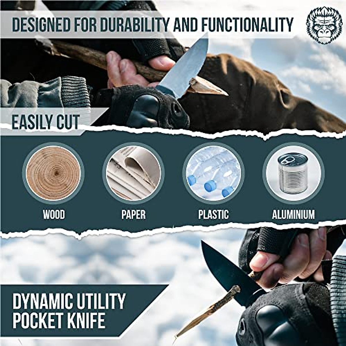 Holtzman's Gorilla Survival Folding Knife D2 Steel Blade G10 Tactical Handle Pocket Folding Knife EDC Giftset for Men (Silver and Black)