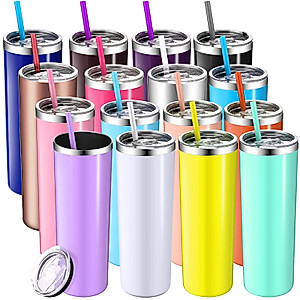 16 Pack Skinny Tumblers with Lids and Straws 20 oz Double Wall Vacuum Slim Water Tumbler Cup Stainless Steel Insulated Skinny Travel Mug Coffee Mug for Hot Cold Drink, 16 Colors