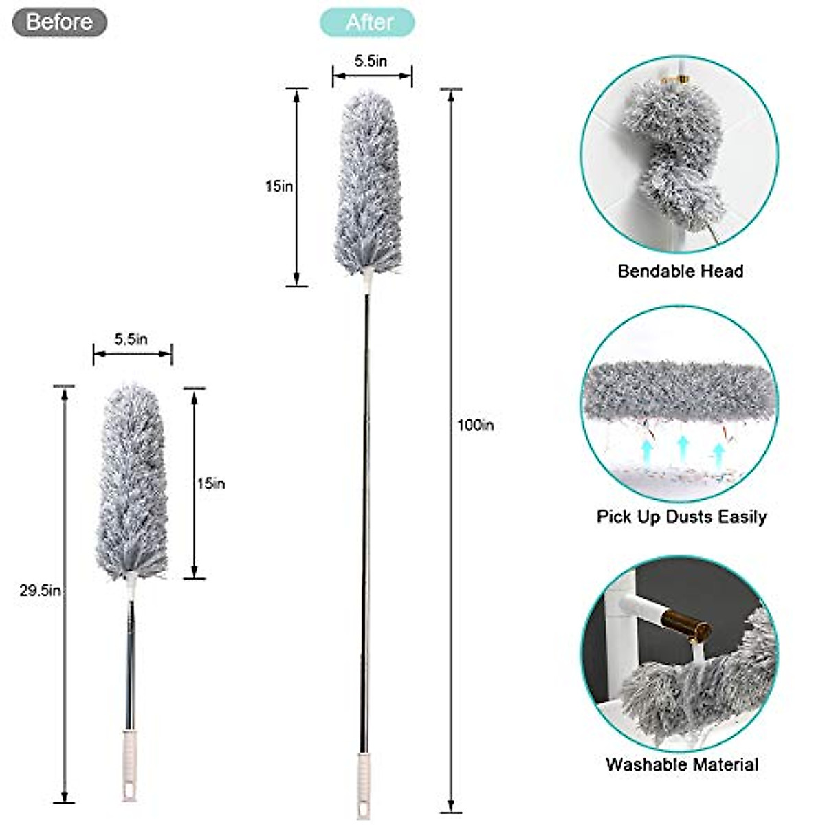 Uwilowe Microfiber Duster with Extension Pole 30 to 100"(Stainless Steel), with Bendable Head, Telescoping Extendable Long Dusters for Cleaning Ceiling Fan, Keyboard, Furniture, Cars