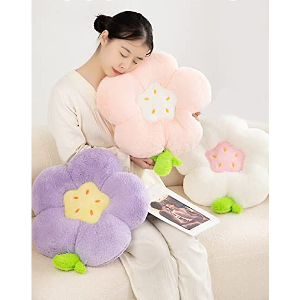 HXIYAN Flower Shaped Pillow Super Soft Cushion Plush Waist Cushion Flower Floor Cushion Lovely Room Decoration and Plush Pillow (19.6in*16.5in, White)