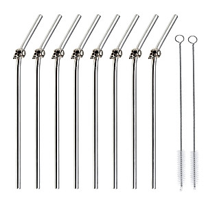 Stainless Steel Straws - 8 Pcs Skull Decor Halloween Reusable Drinking Straws + 2 Pcs Straw Squeegee for Suitable cup depth 6 Inch (Silver Canine Teeth)