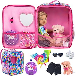 Ecore Fun 5 Items 18 inch Dolls Bag Set and Accessories Including 18 Inch Doll Clothes, Shoes, Sunglasses, Doll Backpack and Toy Dog