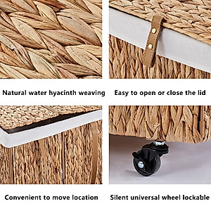 Wimarsbon Storage Basket, Foldable Rolling Hamper With Brakable Wheels and Lid, Handwave Braid Laundry Bin, Clothes Toy Organizer for Living Room (Water Hyacinth)