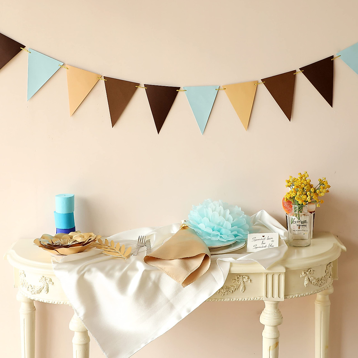 Fonder Mols Paper Pennant Banner Triangle Flags Bunting Garland for Bear themed Boy Baby Shower Birthday Nursery Wall Backdrop Decorations (10 feet, Coffee Blue, Large)