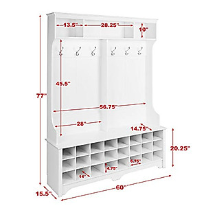 Prepac 24 Shoe Cubby Wide Hall Tree With Bench & Coat Hooks, 15. 5" D x 60" W x 77" H, White