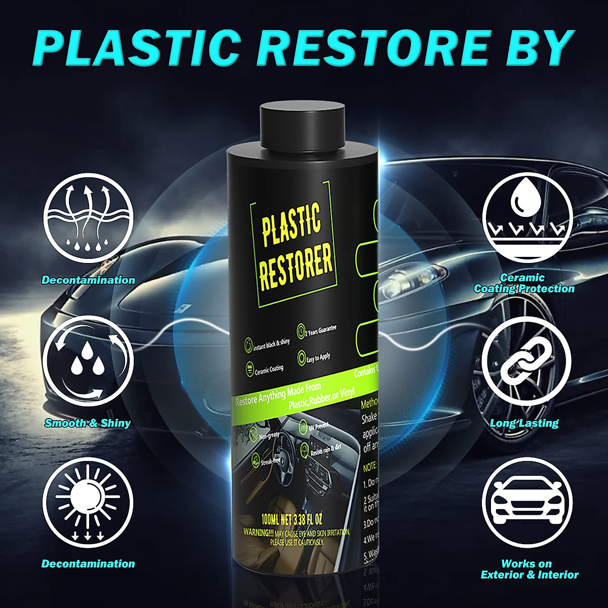 Plastic Restorer for Cars, 2PCS Car Plastic Parts Refurbish Agent Set, Automotive Interior Plastic Part Ceramic Coating with Sponge and Nozzle, Resists Water, UV Rays, Dirt, Not Dressing, 200ml
