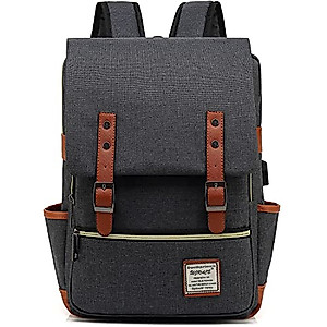 UGRACE Vintage Laptop Backpack with USB Charging Port, Elegant Water Resistant Travelling Backpack Casual Daypacks College Shoulder Bag for Men Women, Fits up to 15.6Inch Laptop in Black