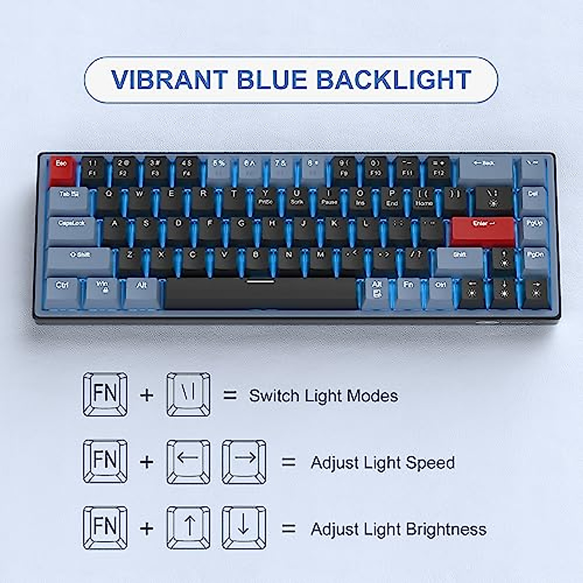 MageGee 60% Mechanical Gaming Keyboard, 68 Keys Hot-Swappable Compact Blue LED Backlit Gaming Keyboard, SKY68 Wired Ergonomic Mini Office Keyboard for Windows PC Gamer (Red Switch, Blue & Black)
