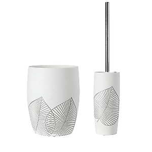 Set of 2 Elegant Leaf Design Hight Quality Polyresin Wastebasket Garbage Receptacle Bin and Brush/Holder for Bathrooms, Powder Rooms, Kitchens, Home Offices White