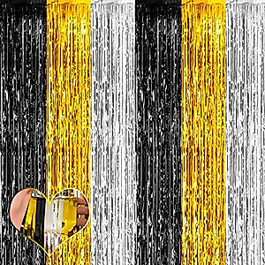 4 Pack 3.2Ft x 8.2Ft Black Gold Silver Fringe Curtain Backdrop, Metallic Tinsel Foil Fringe Streamers Curtains Background for Wedding Notorious One Birthday Roaring 20s Graduation Party Decoration