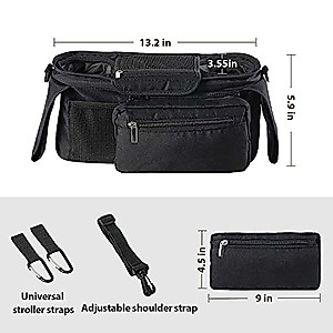 Stroller Organizer with Cup Holder, Universal Large Capacity Portable Black Accessories Caddy Bag, Fits for Doona Baby Jogger Trend Nuna Uppababy Vista V2 Graco Bob and All Other Strollers