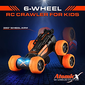 Force1 Atomic X Remote Control Car for Kids - 6 Wheeled RC Stunt Car Toy LED Double Sided 360 Flips Rotating RC Crawler Wheels, 2.4 GHZ Remote Control Indoor Outdoor Toy for Boys/Girls (Orange/Black)