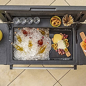 Keter KET-252172 89.8 Quart Outdoor Rolling Patio Cooler and Insulated Beverage Cart with Fold Down Glass Shelf and Built in Bottle Opener, Gray