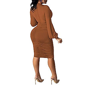Women's Sexy Deep V Neck Dress Long Sleeve Ruched Bodycon Midi Club Dresses Brown-a Large